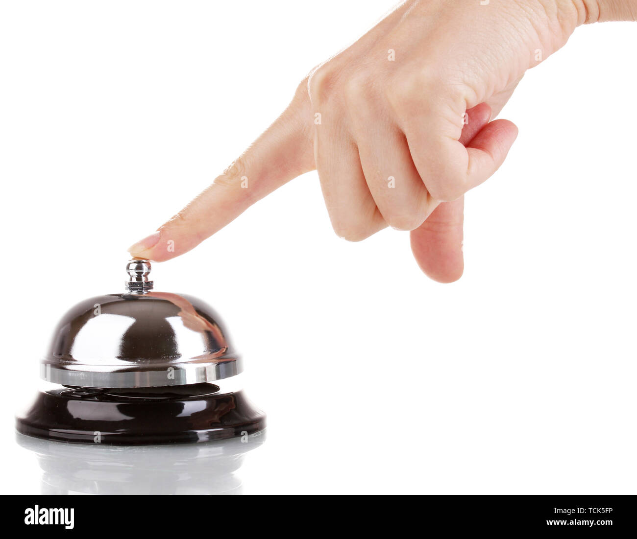 Hand ringing in service bell isolated on white Stock Photo - Alamy