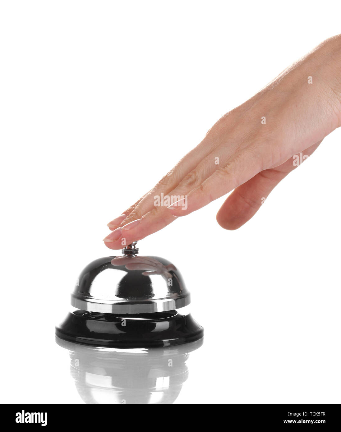 Hand ringing in service bell isolated on white Stock Photo - Alamy