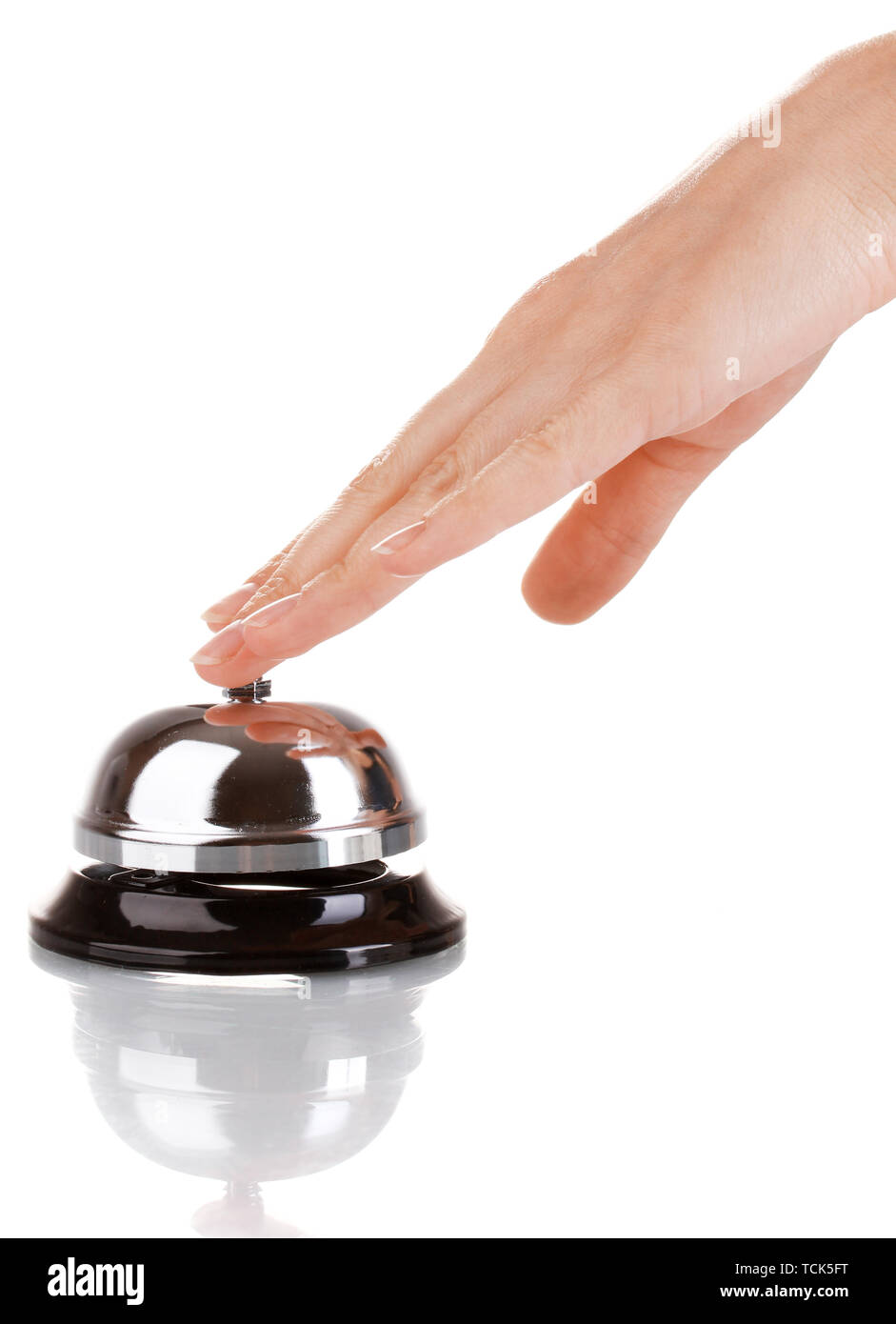 Hand ringing in service bell isolated on white Stock Photo - Alamy