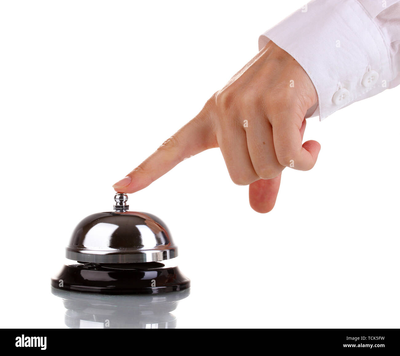Hand ringing in service bell isolated on white Stock Photo - Alamy