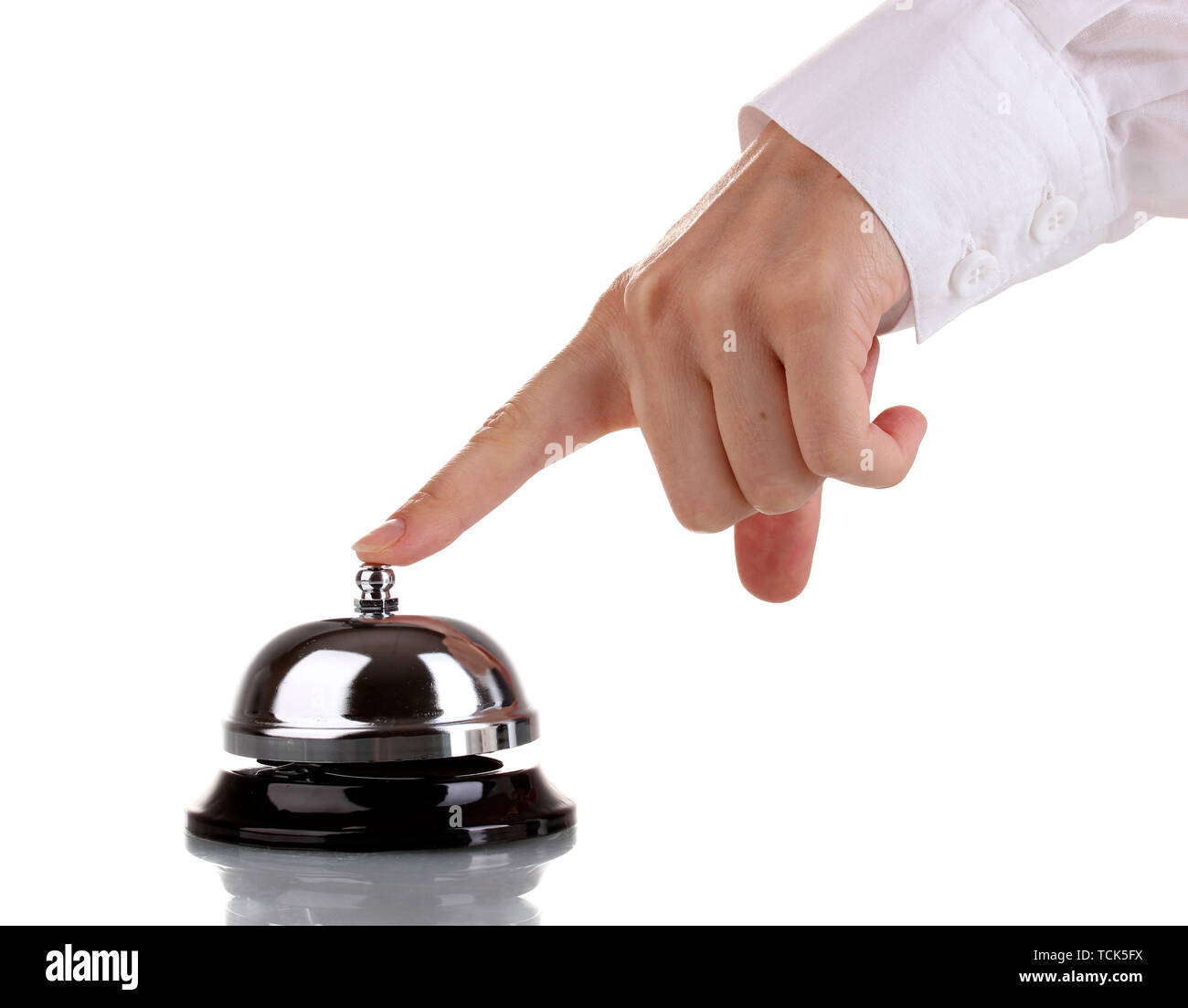 Hand ringing in service bell isolated on white Stock Photo - Alamy