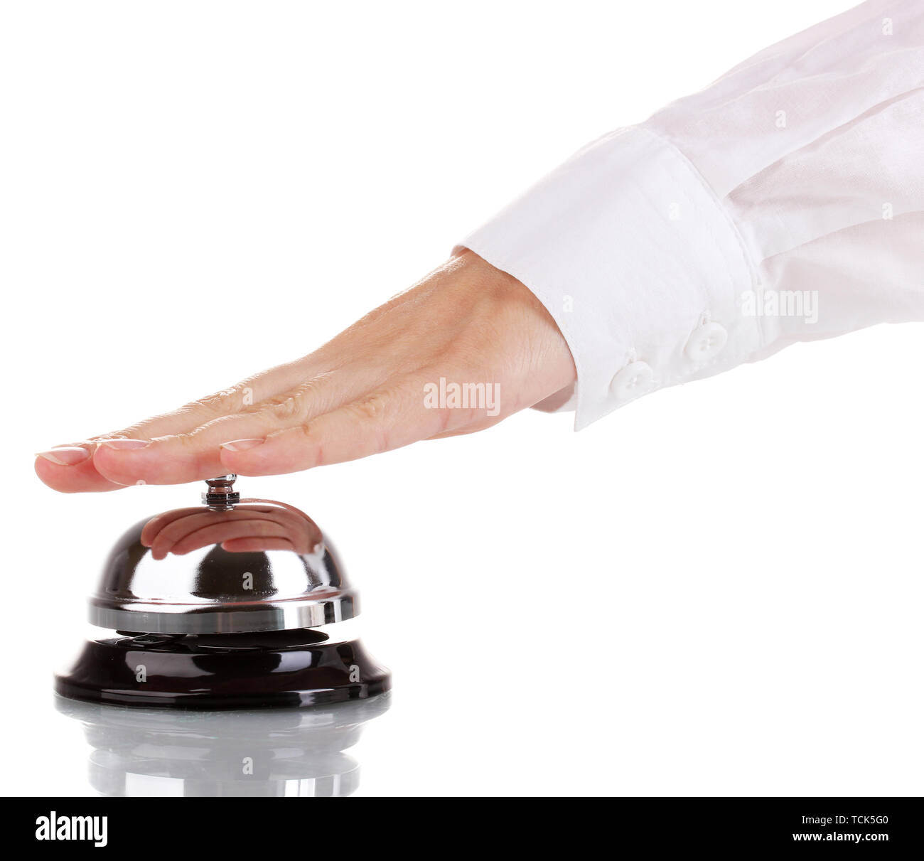 Hand ringing in service bell isolated on white Stock Photo - Alamy