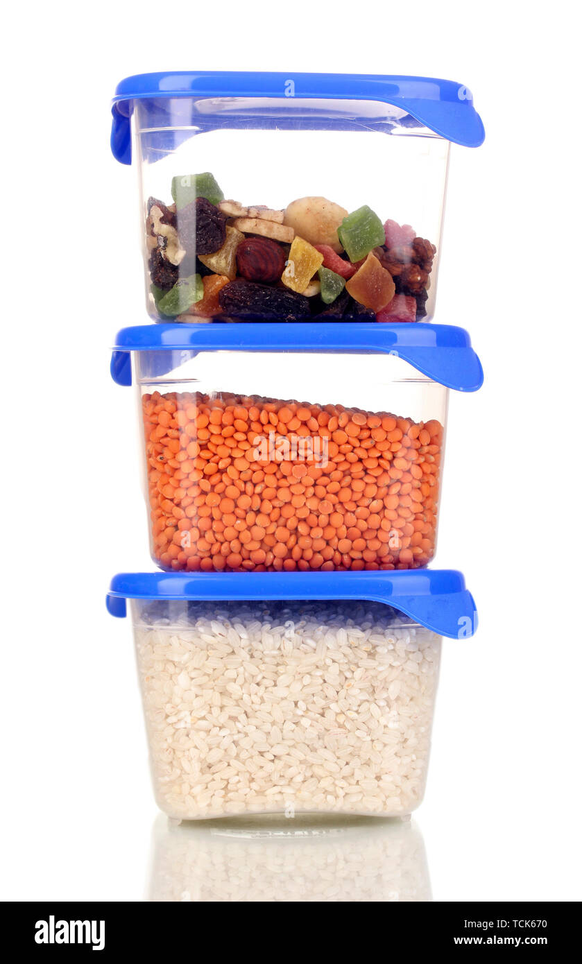 Filled plastic containers isolated on white Stock Photo - Alamy