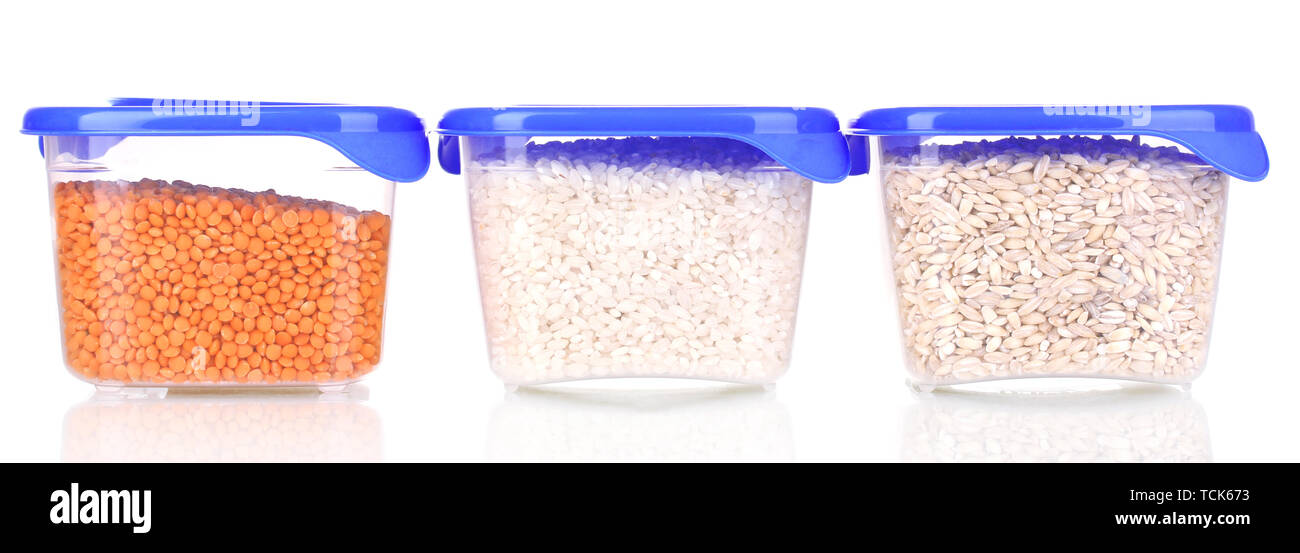 Filled plastic containers isolated on white Stock Photo - Alamy