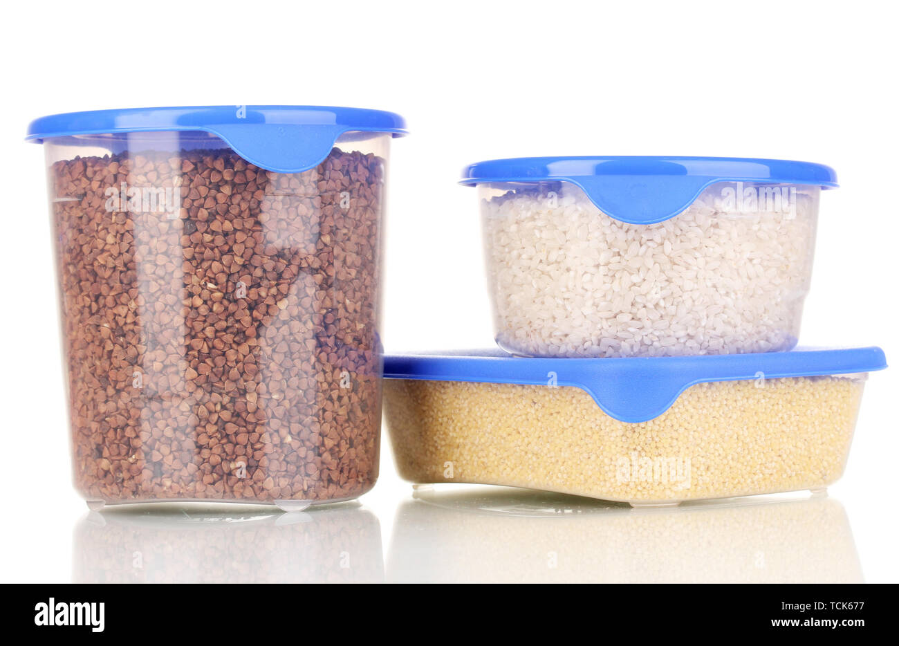 Filled plastic containers isolated on white Stock Photo - Alamy