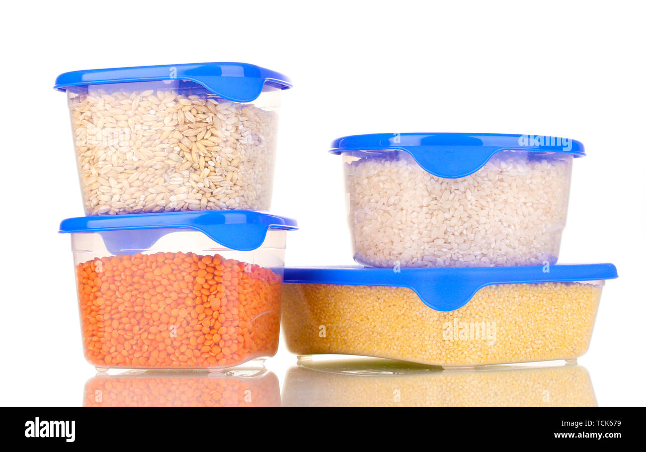 Filled plastic containers isolated on white Stock Photo - Alamy