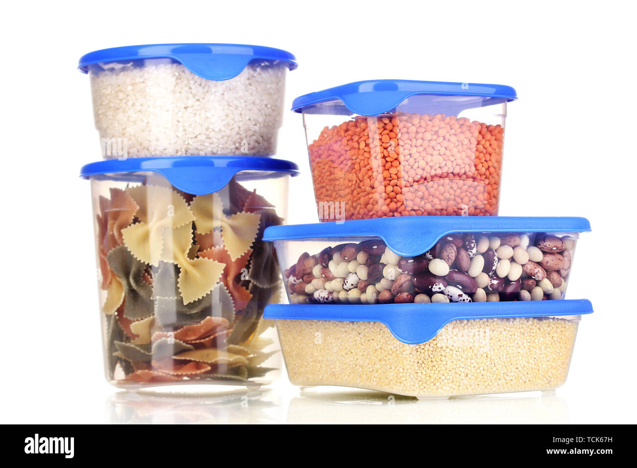Filled plastic containers isolated on white Stock Photo - Alamy