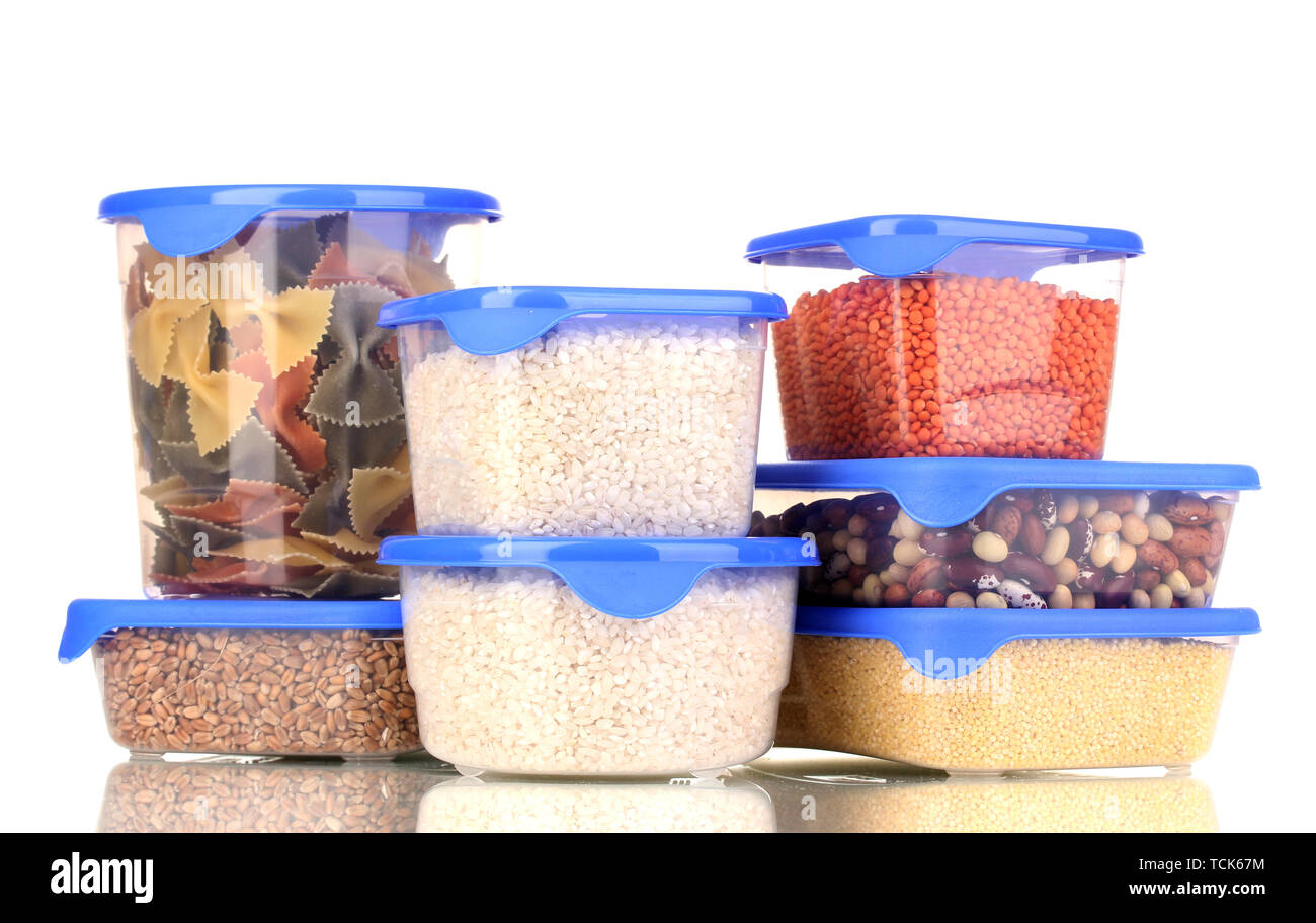 Filled plastic containers isolated on white Stock Photo - Alamy