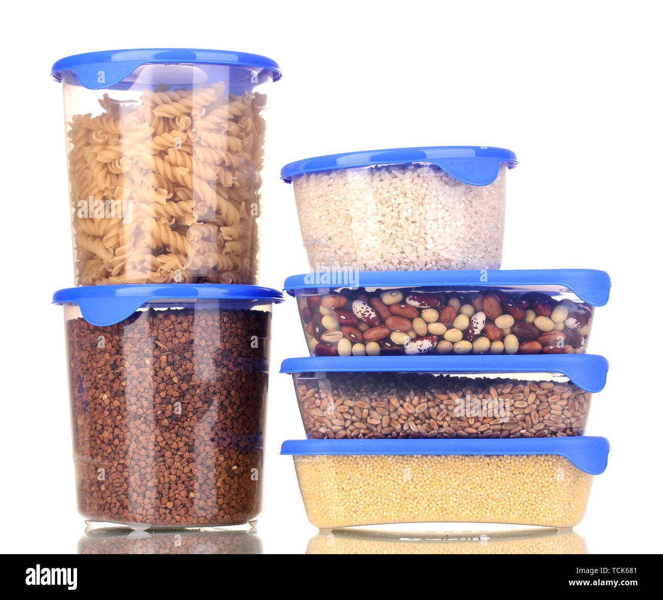 Filled plastic containers isolated on white Stock Photo - Alamy