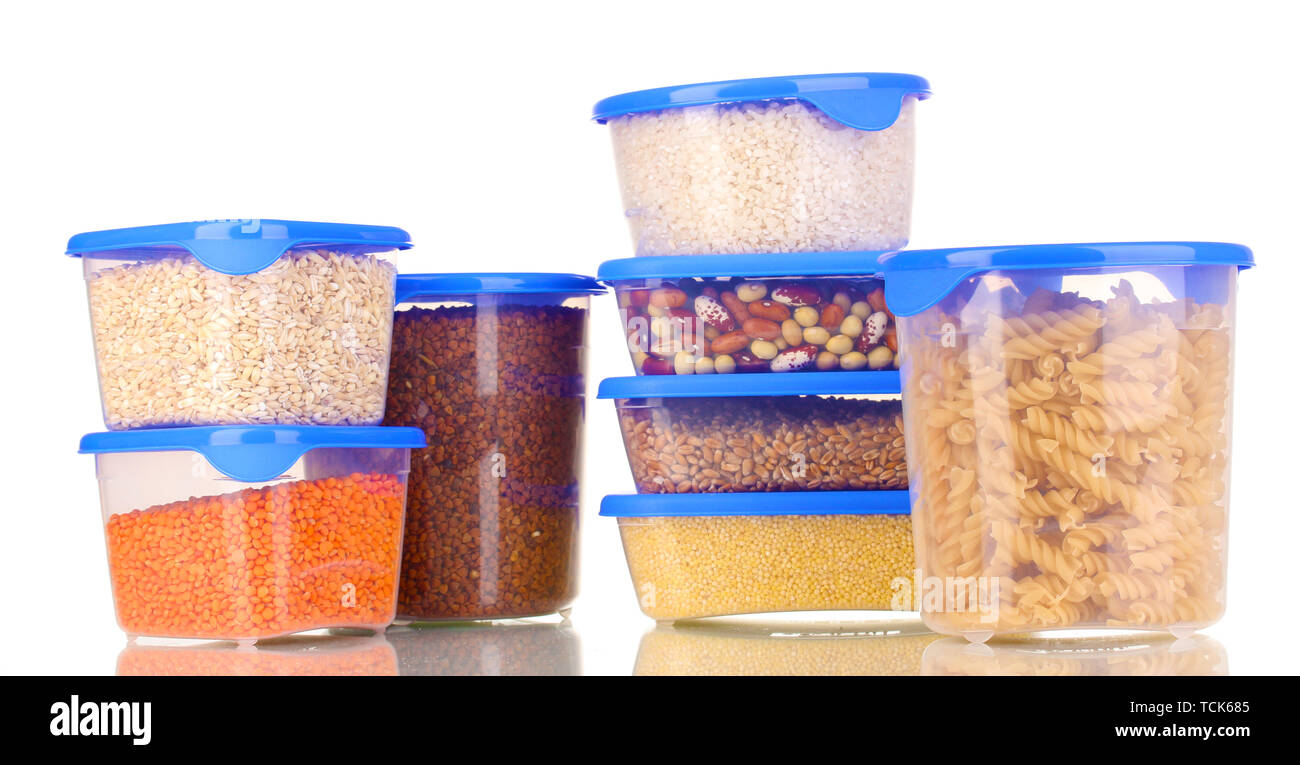 Filled plastic containers isolated on white Stock Photo - Alamy