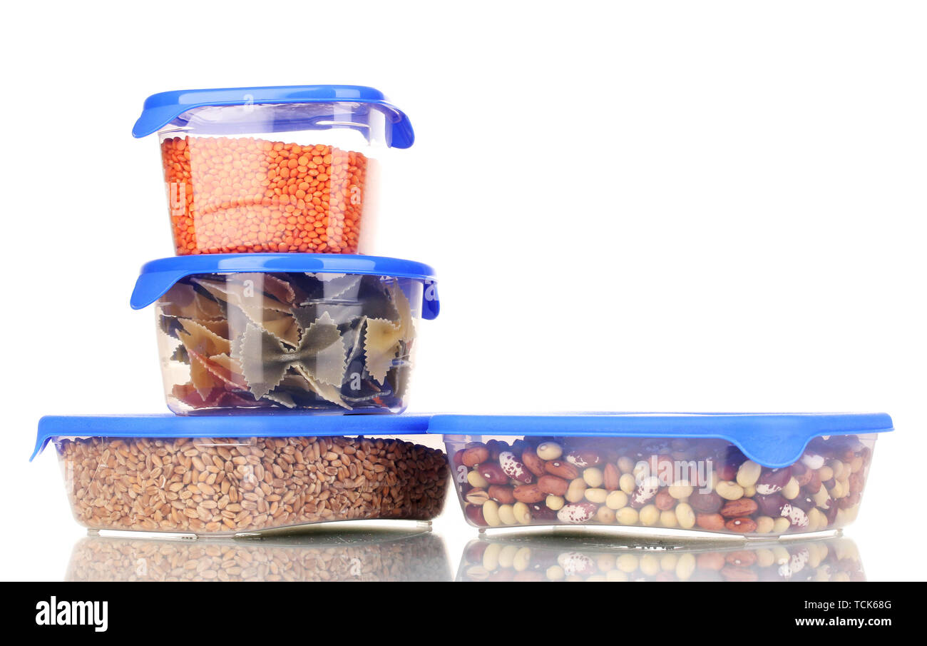 Filled plastic containers isolated on white Stock Photo - Alamy