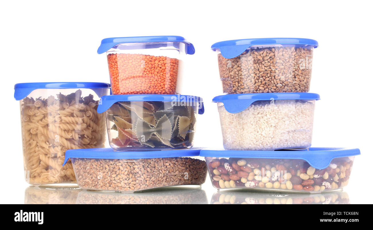 Filled plastic containers isolated on white Stock Photo - Alamy