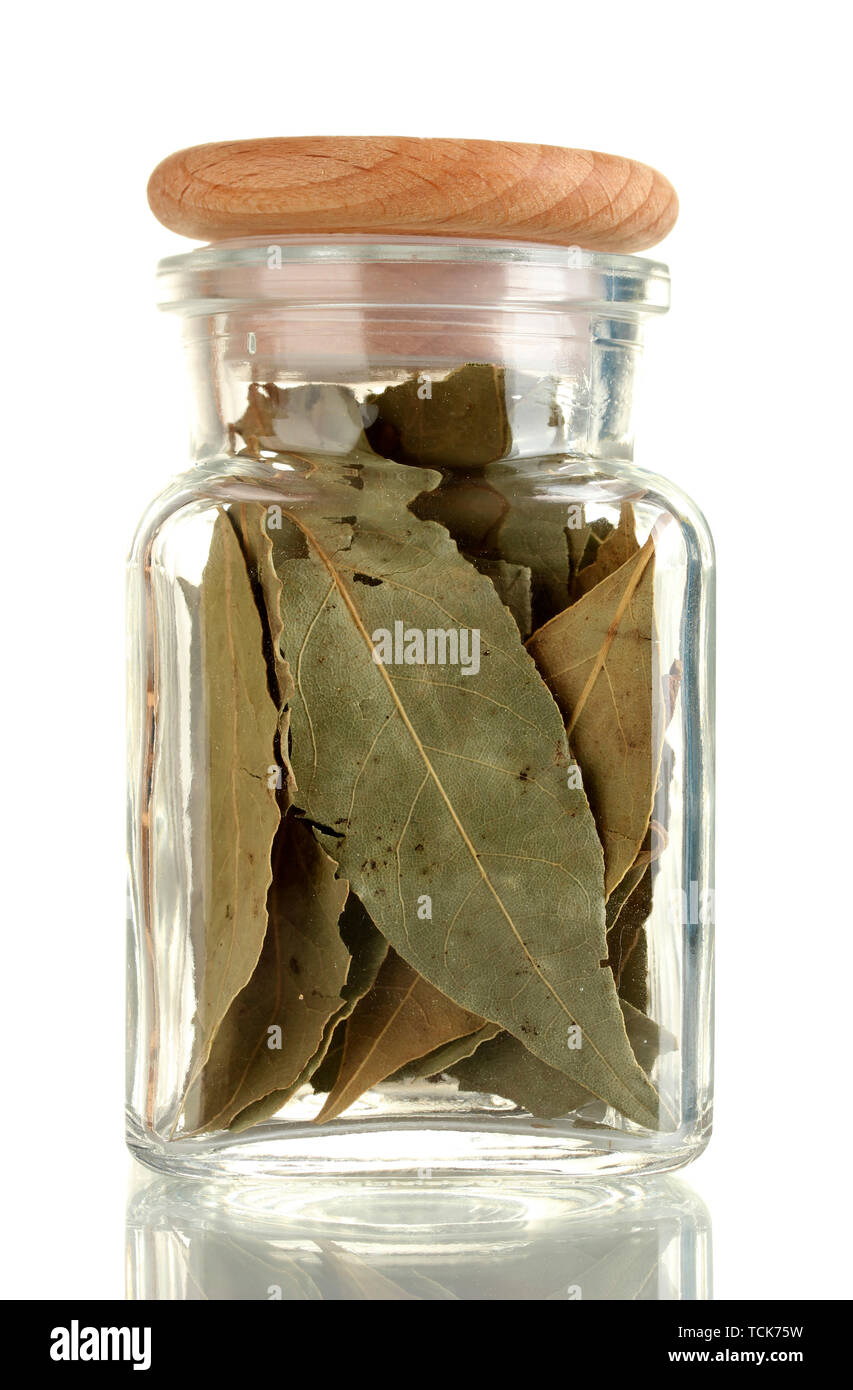 jar with bay leaves isolated on white Stock Photo - Alamy