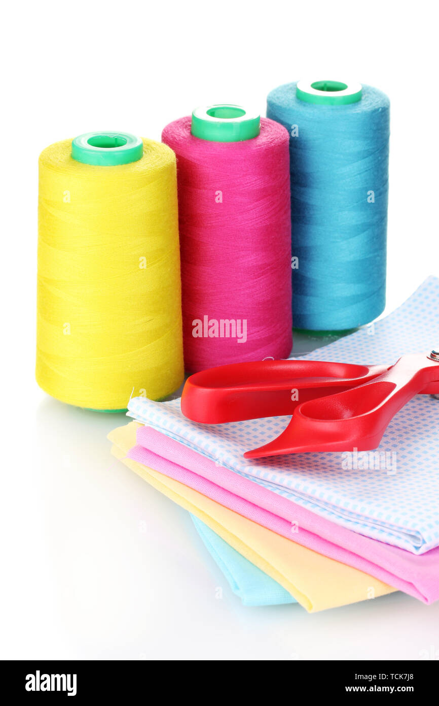Sewing accessories and fabric isolated on white Stock Photo - Alamy