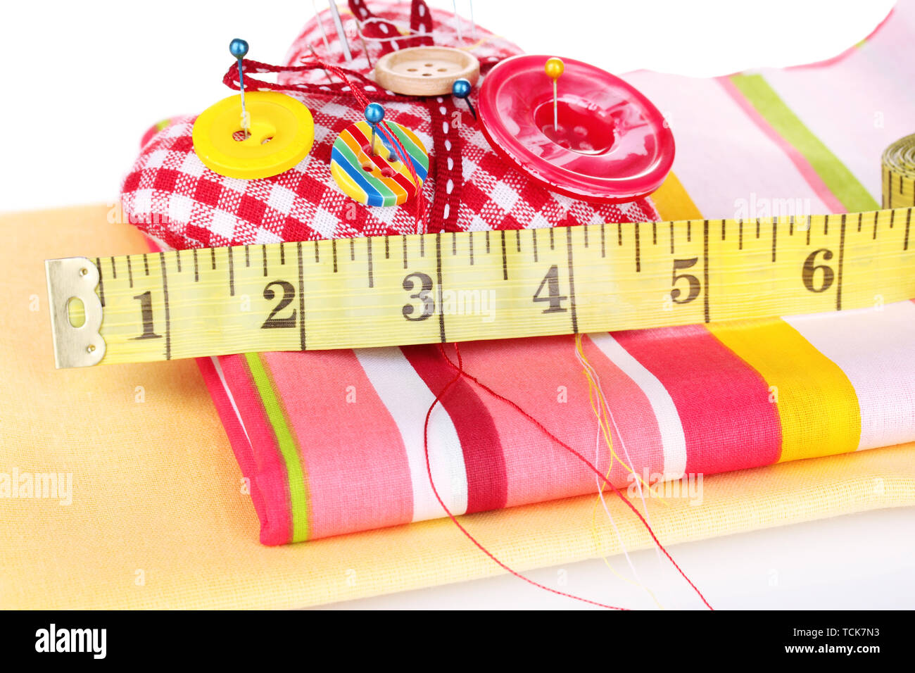 Sewing accessories and fabric close-up Stock Photo - Alamy