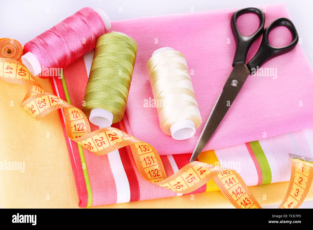 Sewing accessories and fabric close-up Stock Photo - Alamy