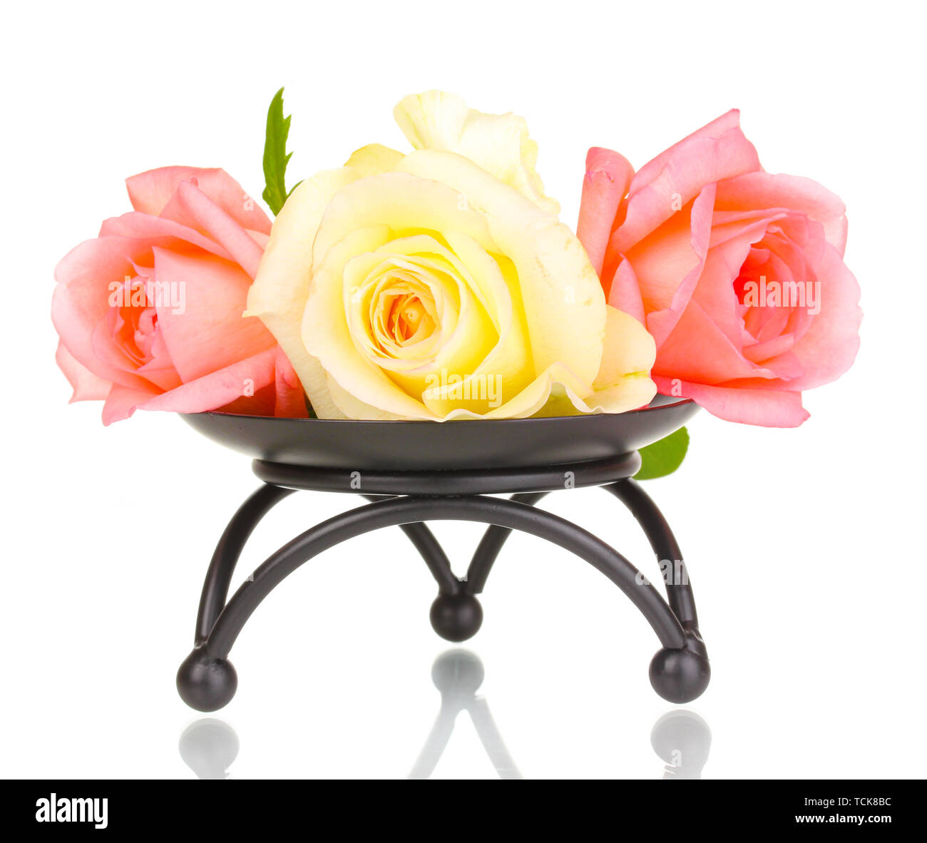 Three roses on metal stand isolated on white Stock Photo - Alamy