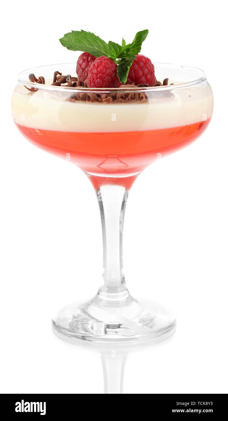 fruit jelly with chocolate and raspberries in glass isolated on white ...