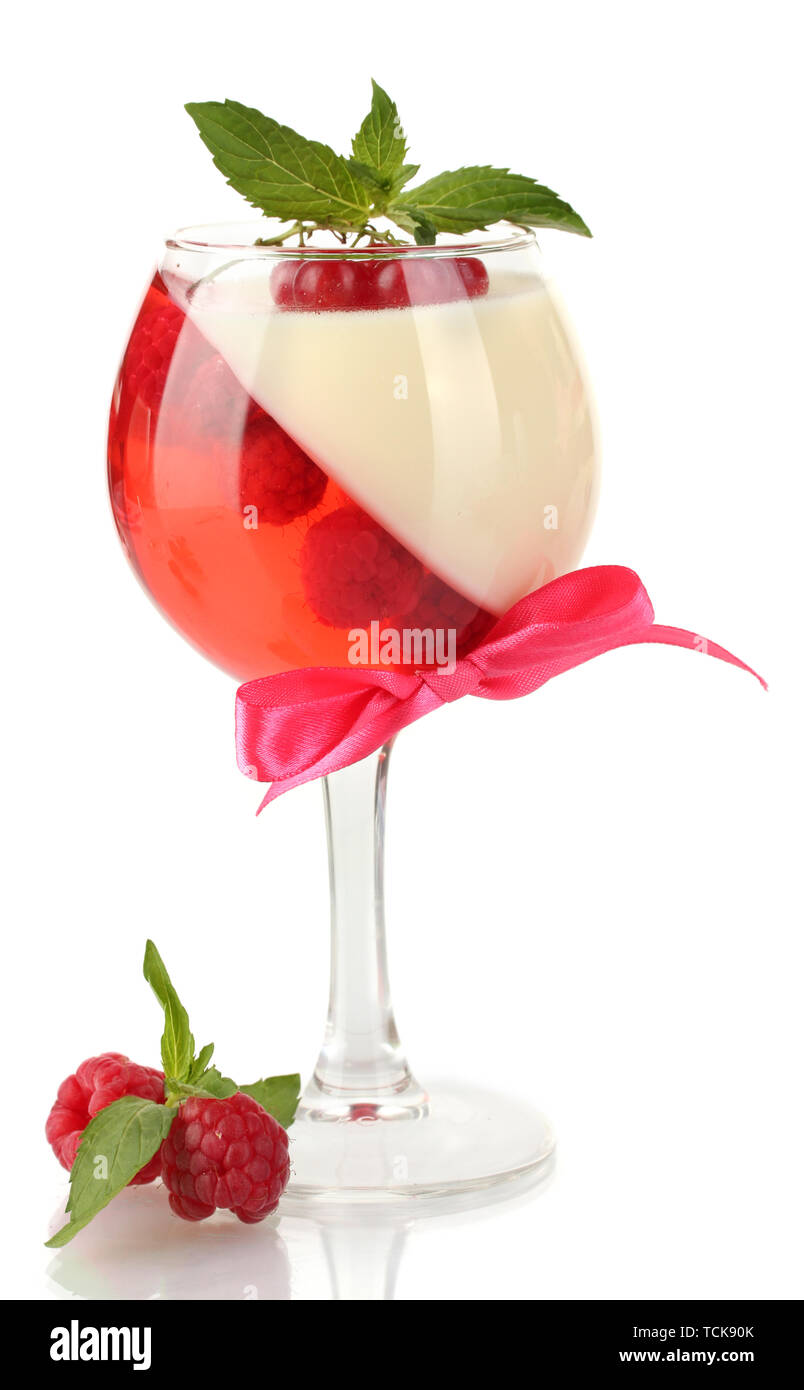 fruit jelly with chocolate and berries in glass isolated on white Stock ...