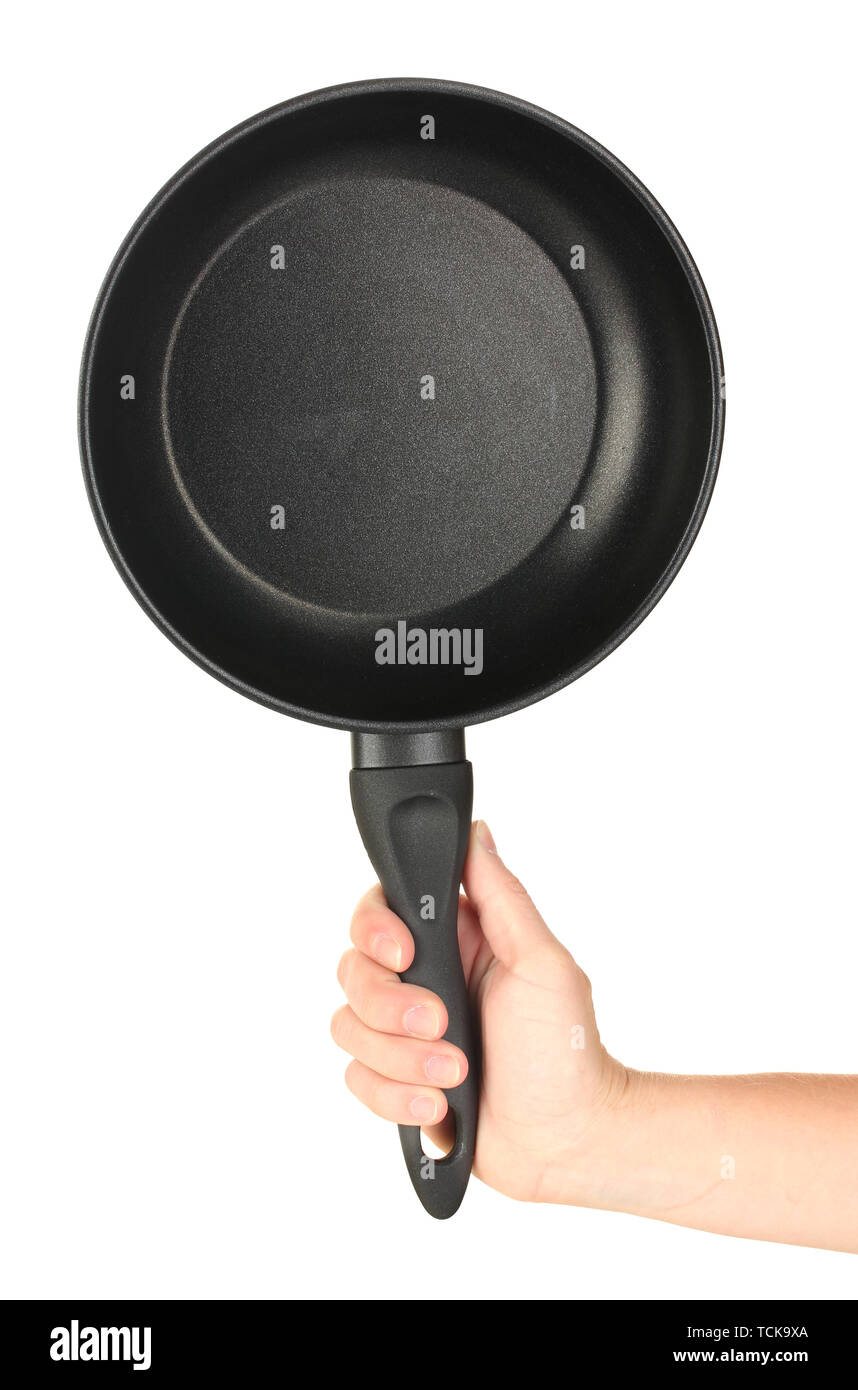 Woman's hand holding a frying pan isolated on white Stock Photo - Alamy