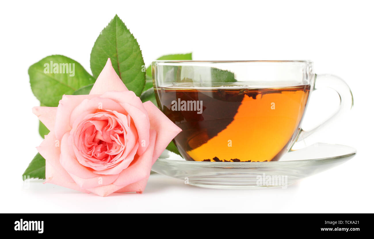 cup of tea with rose isolated on white Stock Photo - Alamy