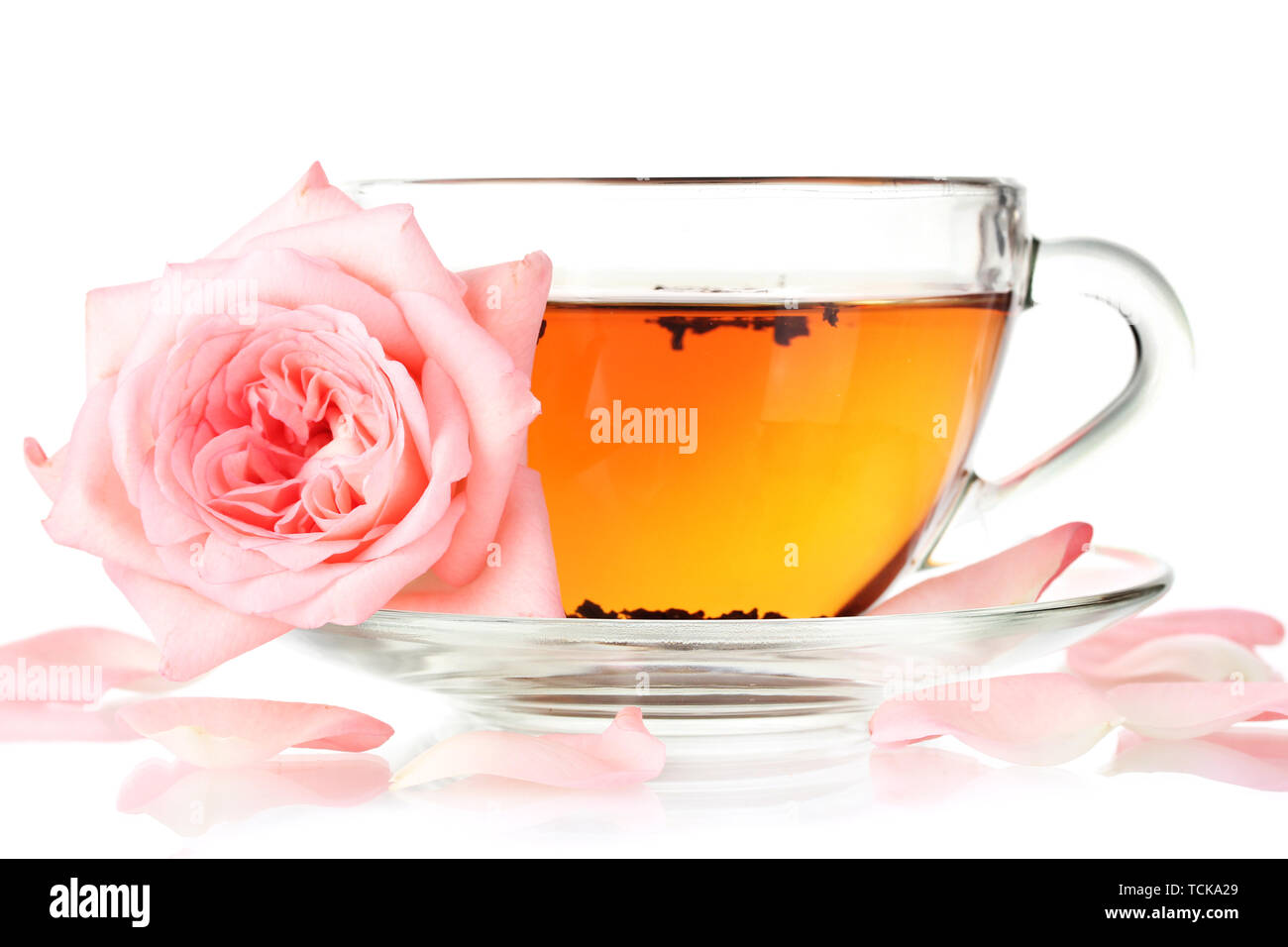cup of tea with rose isolated on white Stock Photo - Alamy