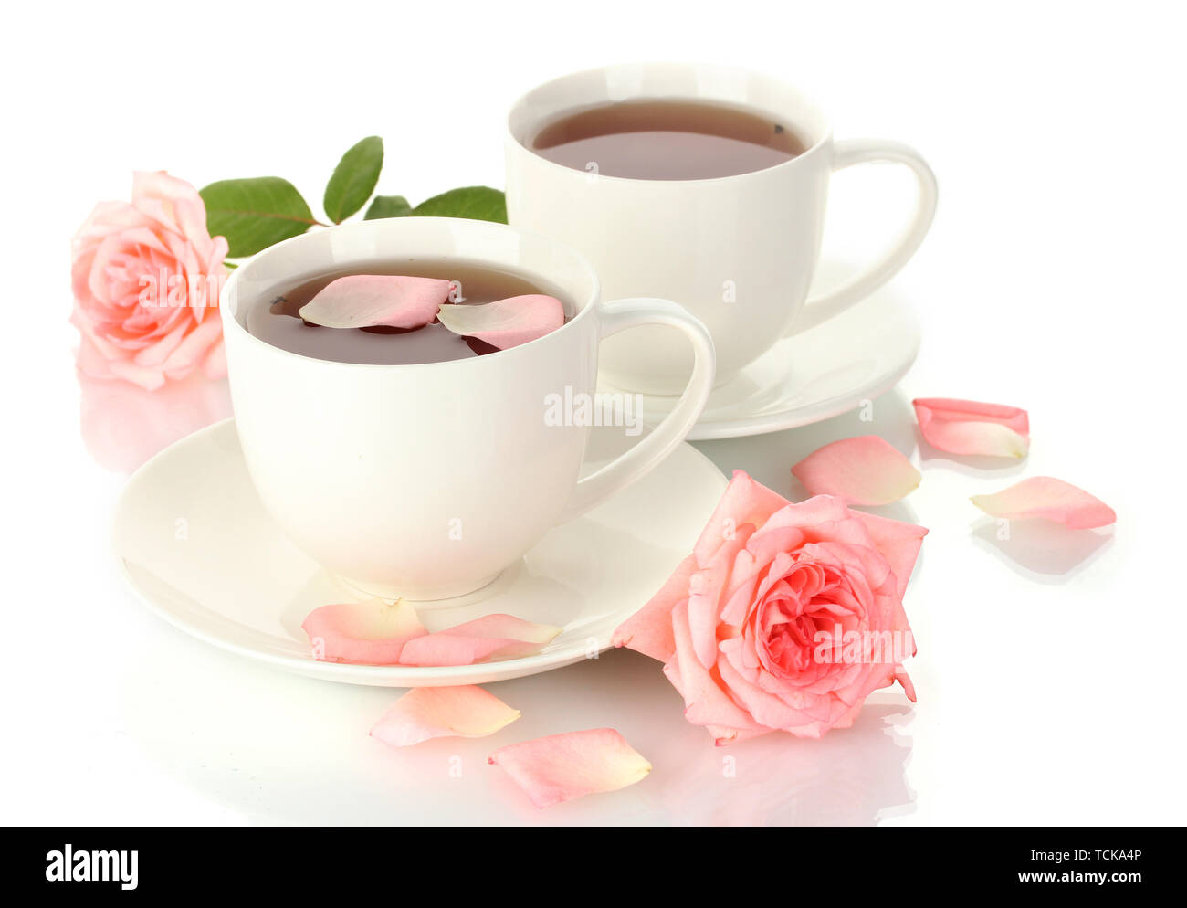 cups of tea with roses isolated on white Stock Photo - Alamy