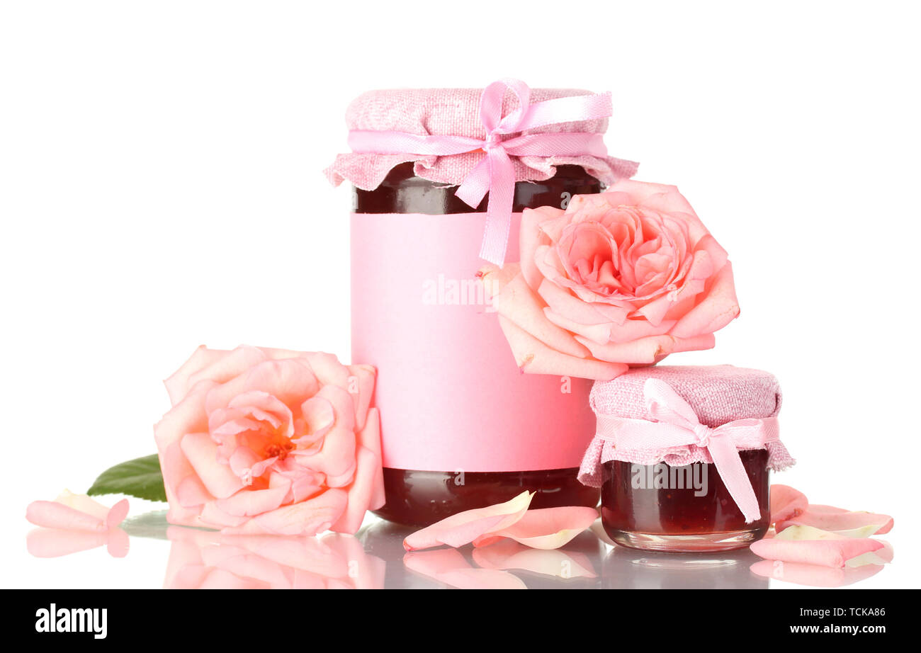 jars with rose jam and flowers isolated on white Stock Photo - Alamy