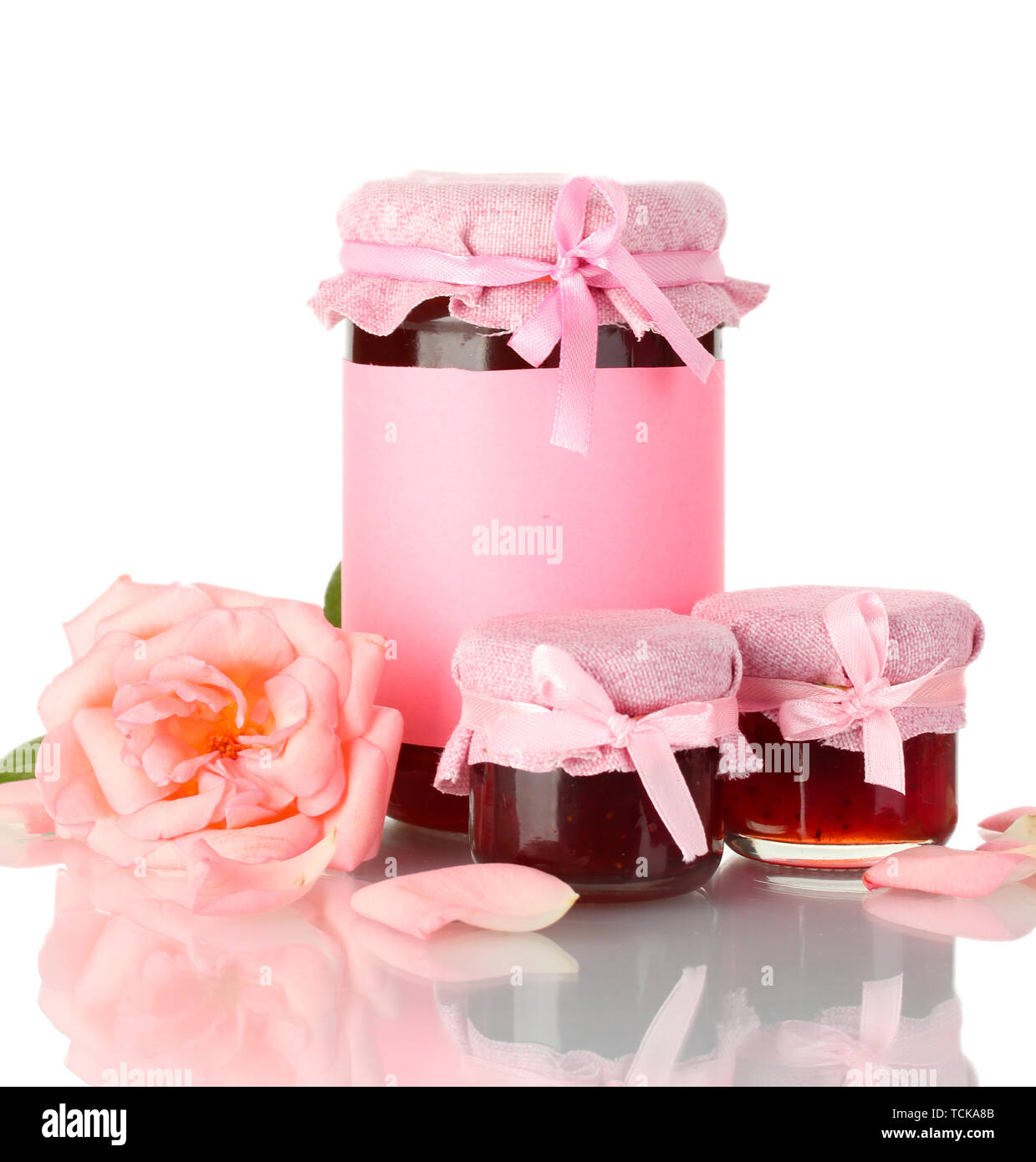 jars with rose jam and flowers isolated on white Stock Photo - Alamy