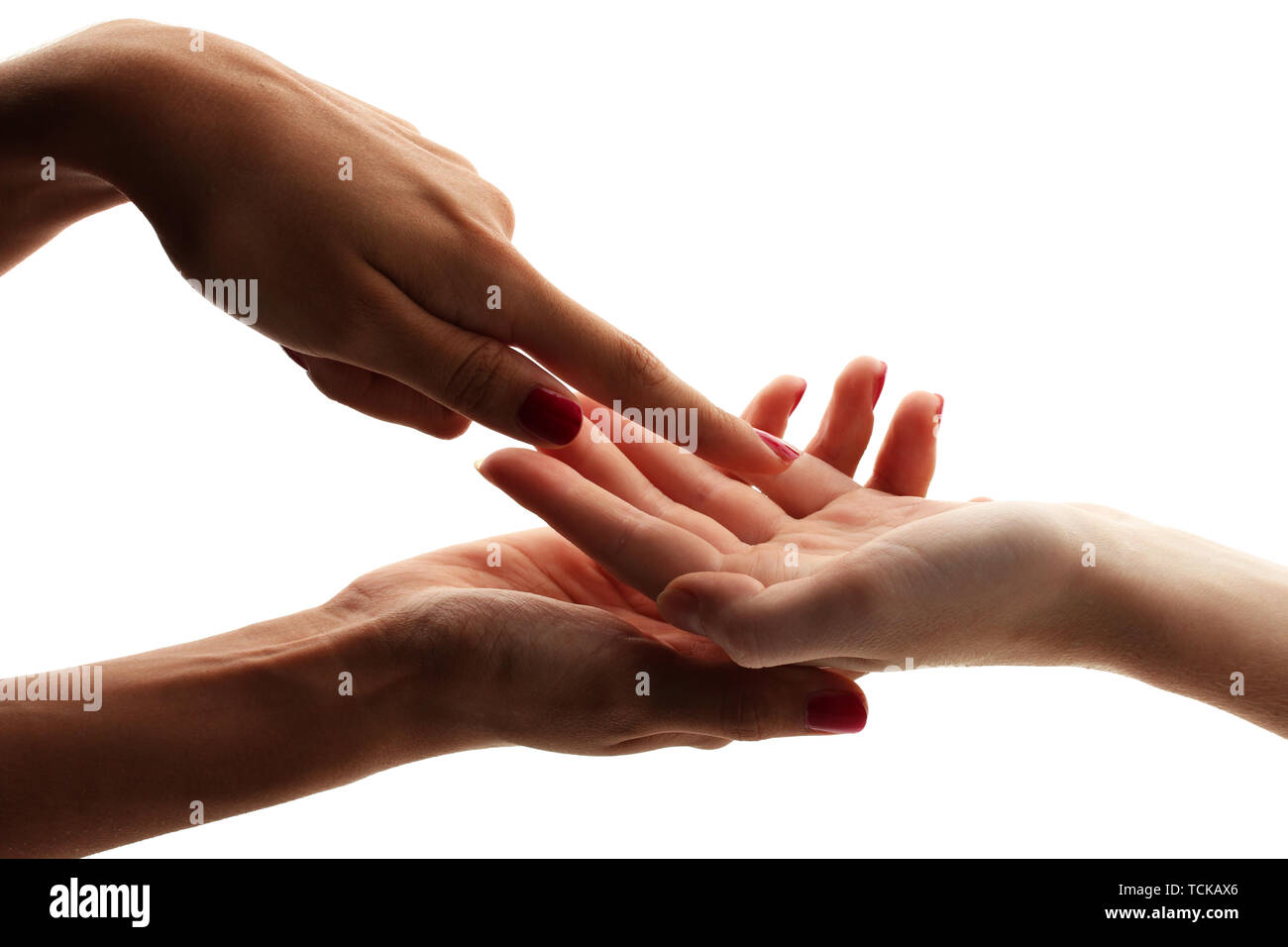 reading the lines hand in a woman's hands isolated on white Stock Photo ...