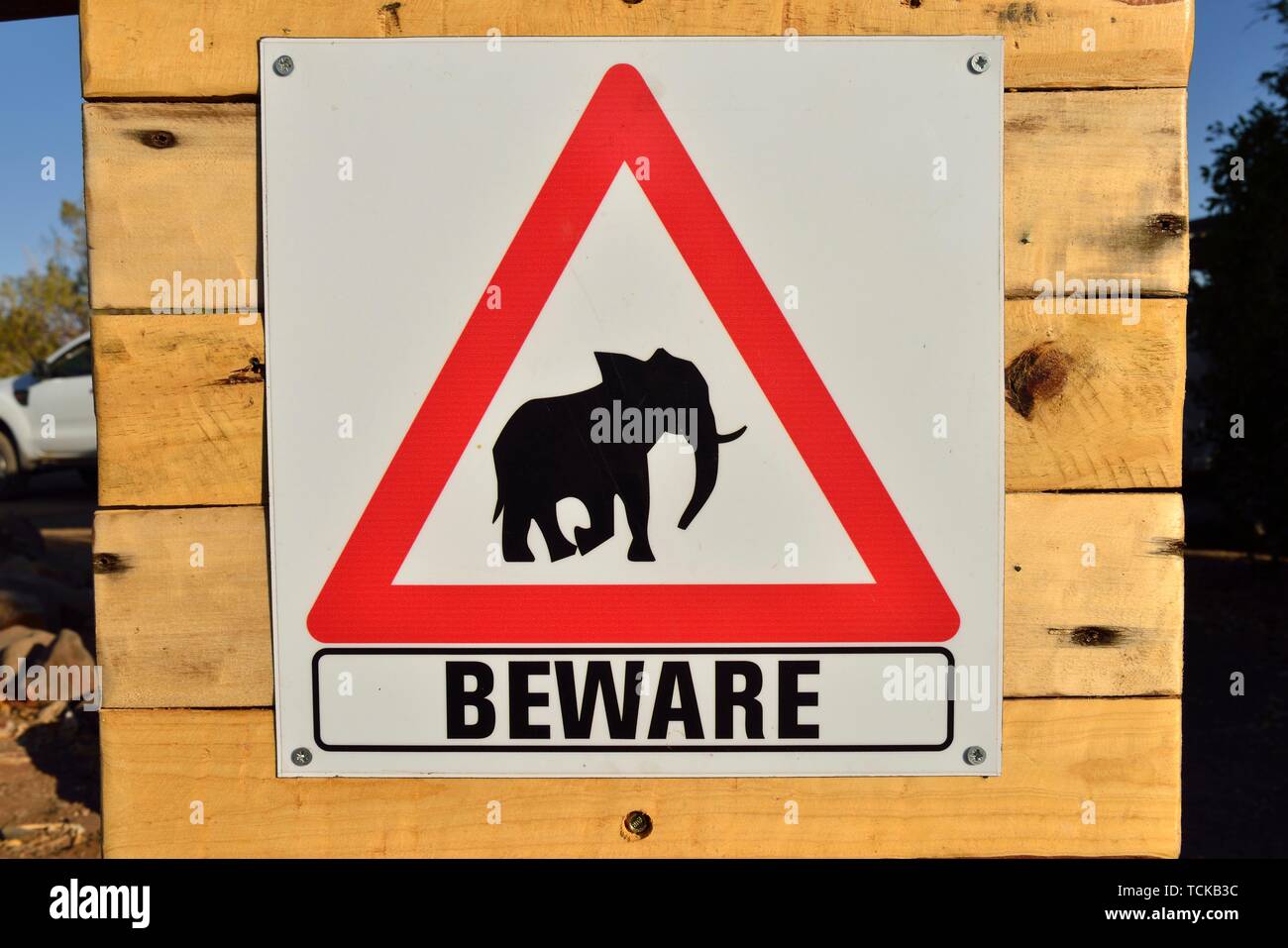 Warning sign for elephants, Palmwag Concession, Damaraland, Namibia ...