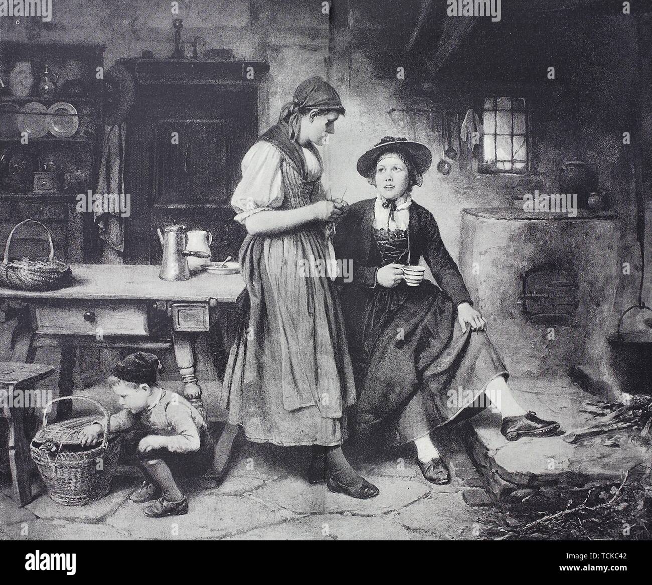 Two peasant women, girlfriends, 1880, historical woodcut, Germany Stock ...