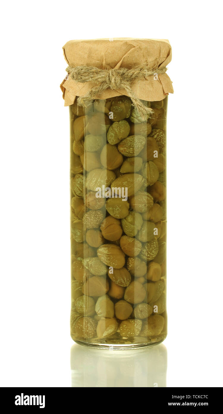 Glass jar with tinned capers isolated on white Stock Photo - Alamy