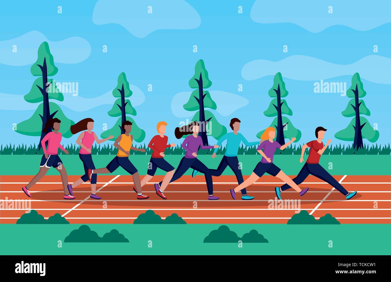 men and woman training running track activity vector illustration Stock ...