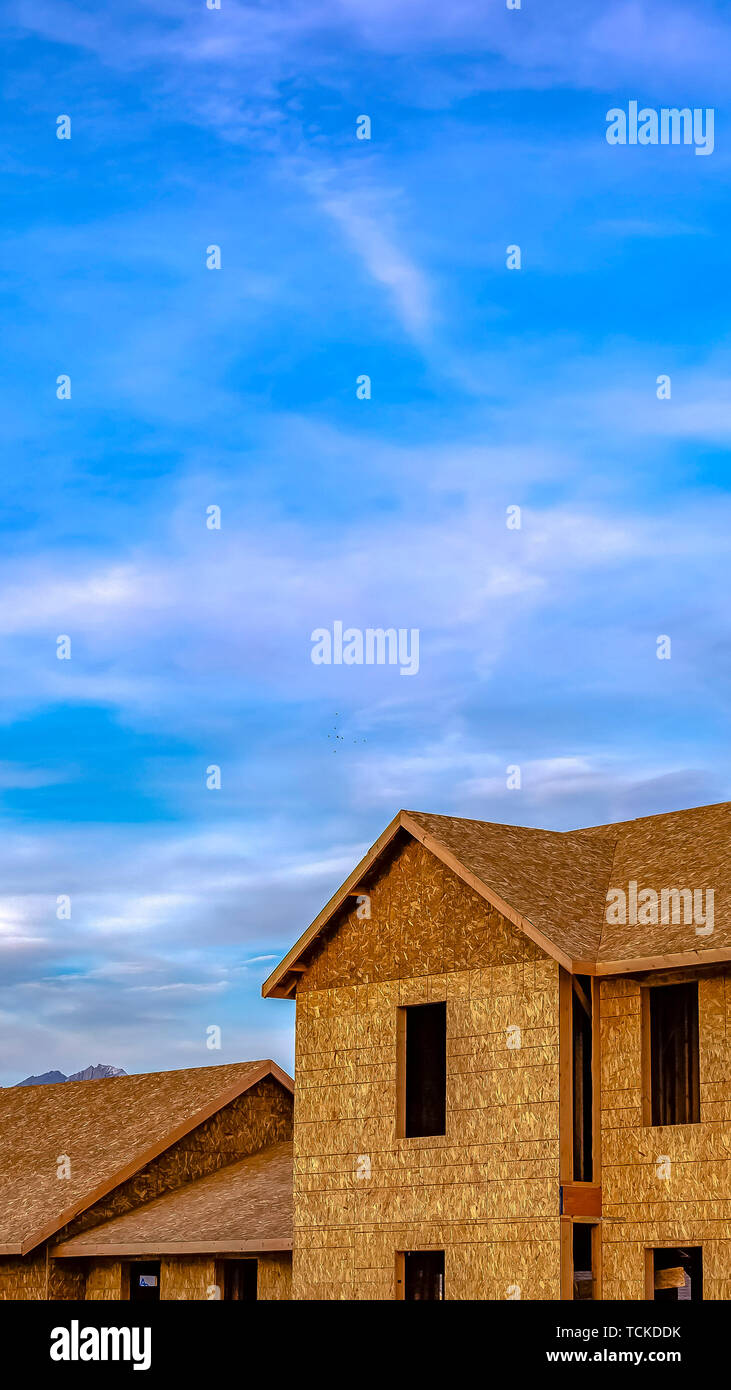 Panorama frame Exterior view of an unfinished house at a construction ...