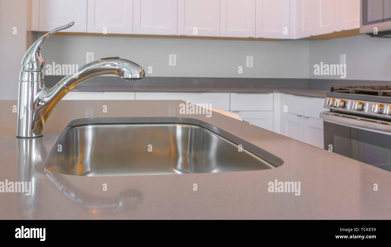 Panorama frame Kitchen interior of a new house with close up view of ...