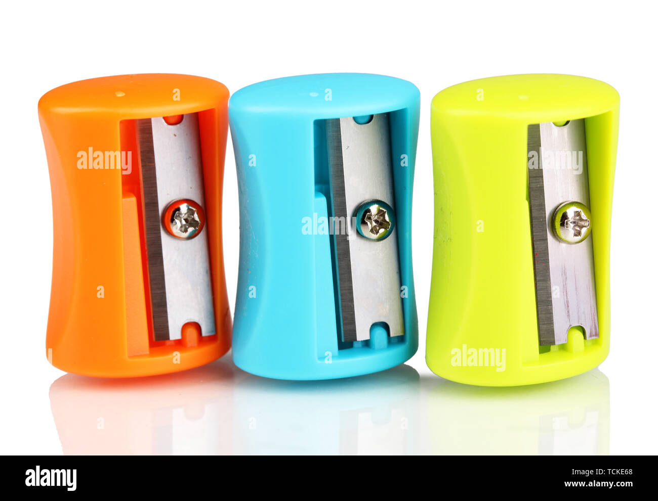 Colour pencil sharpeners close-up isolated on white Stock Photo - Alamy