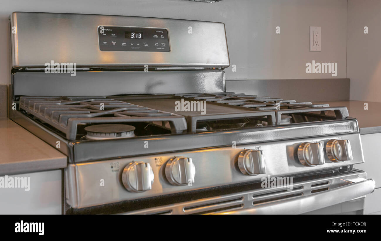 Panorama frame Close up of the cooktop of a range under wall mounted ...