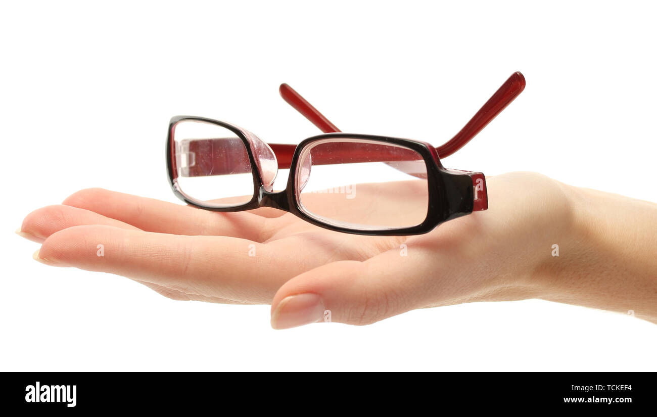 glasses on female hand, isolated on white Stock Photo - Alamy