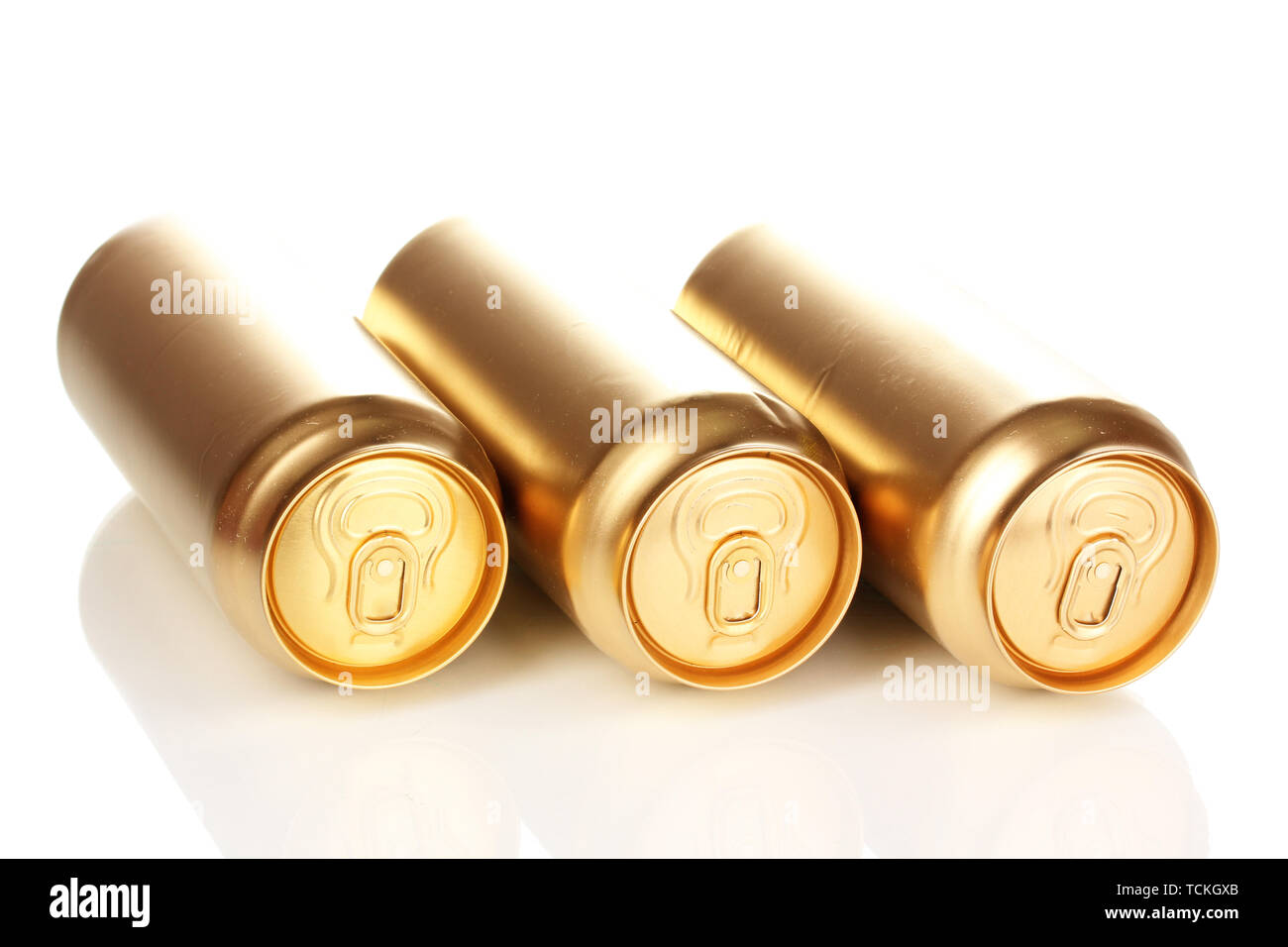 golden cans isolated on white Stock Photo - Alamy