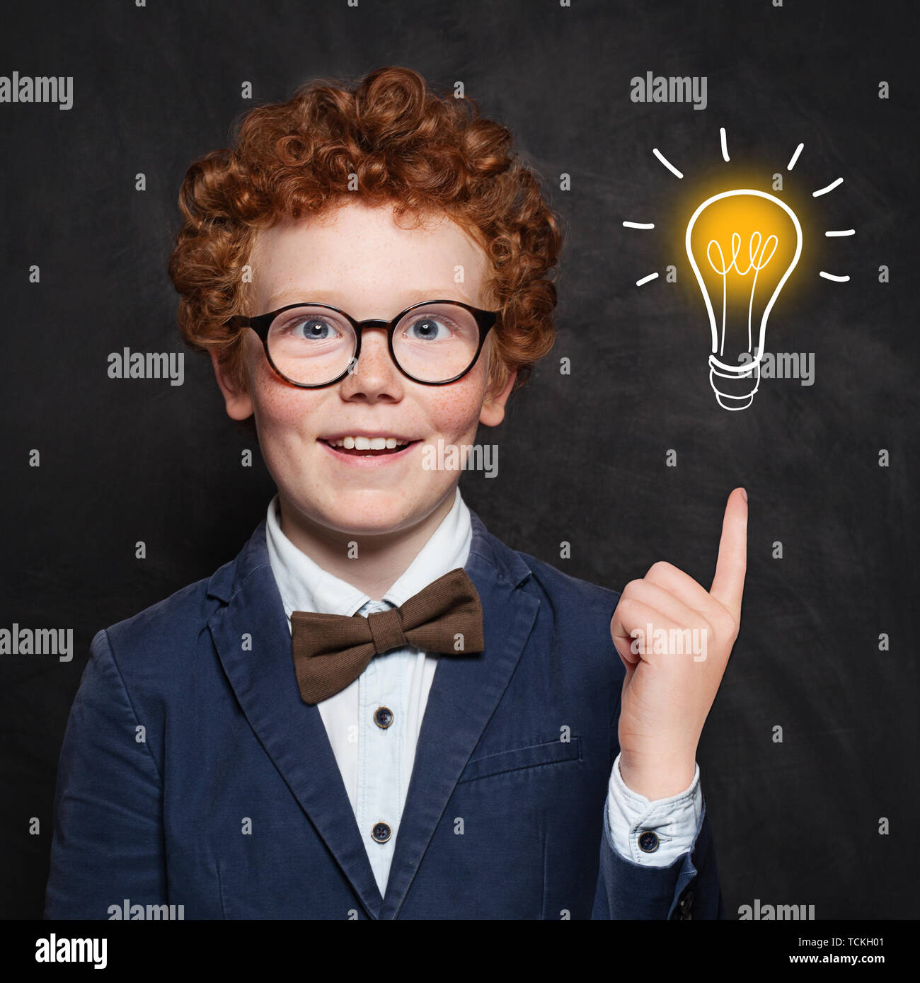 Smart kid with lightbulb. Brainstorming and idea concept. Little cute ...