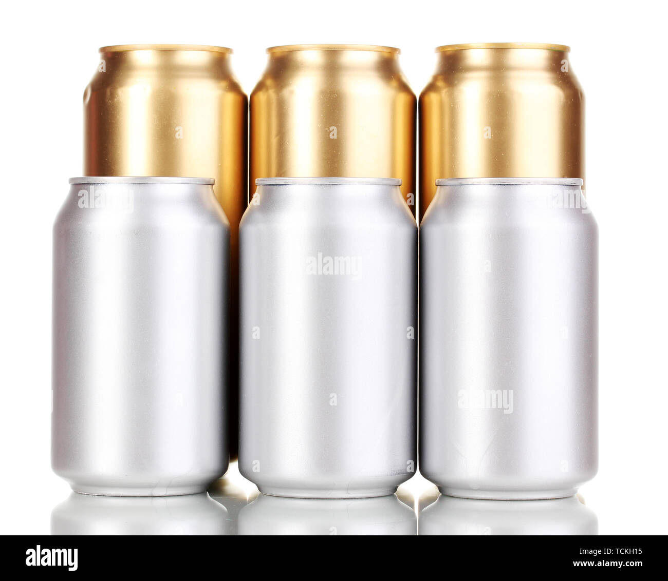 golden and silver cans isolated on white Stock Photo - Alamy