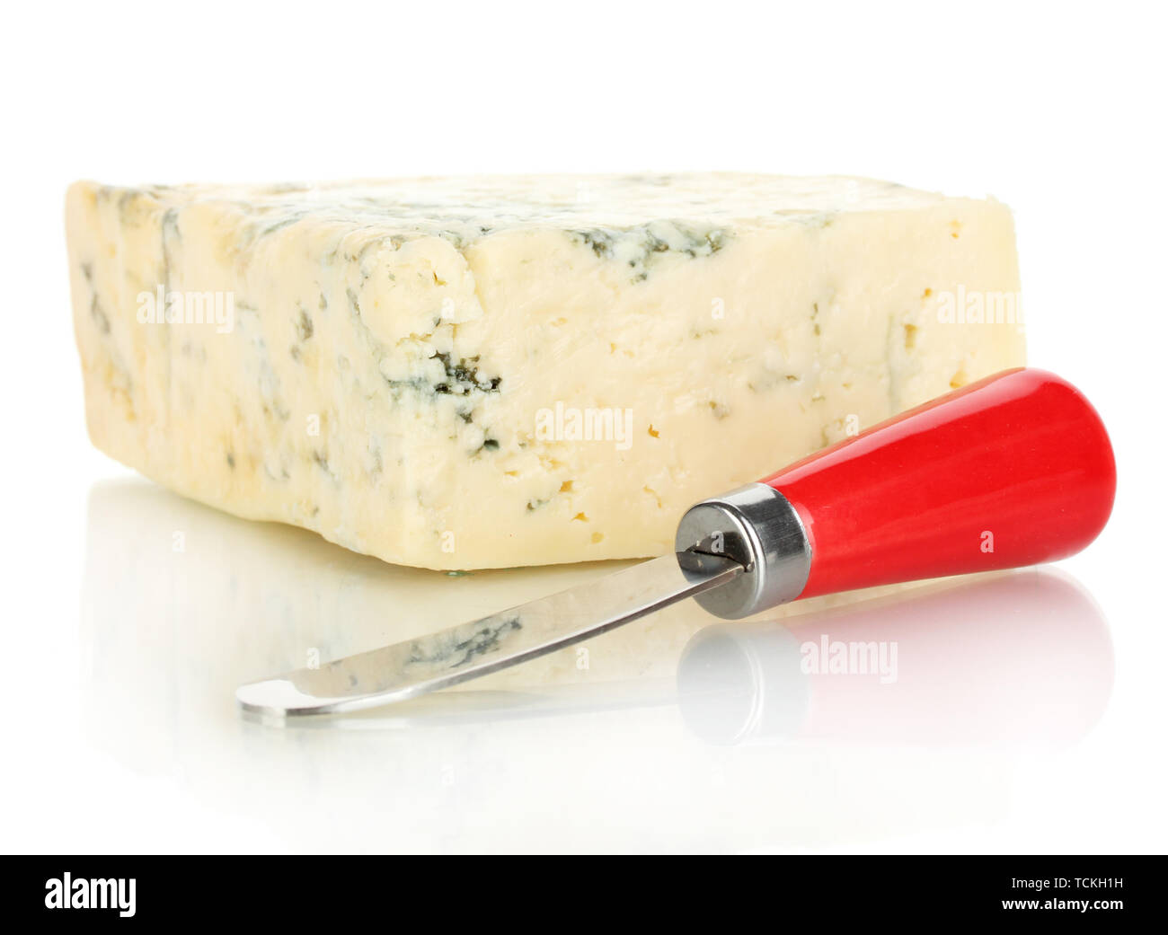 Cheese with mold and knife isolated on white background Stock Photo - Alamy
