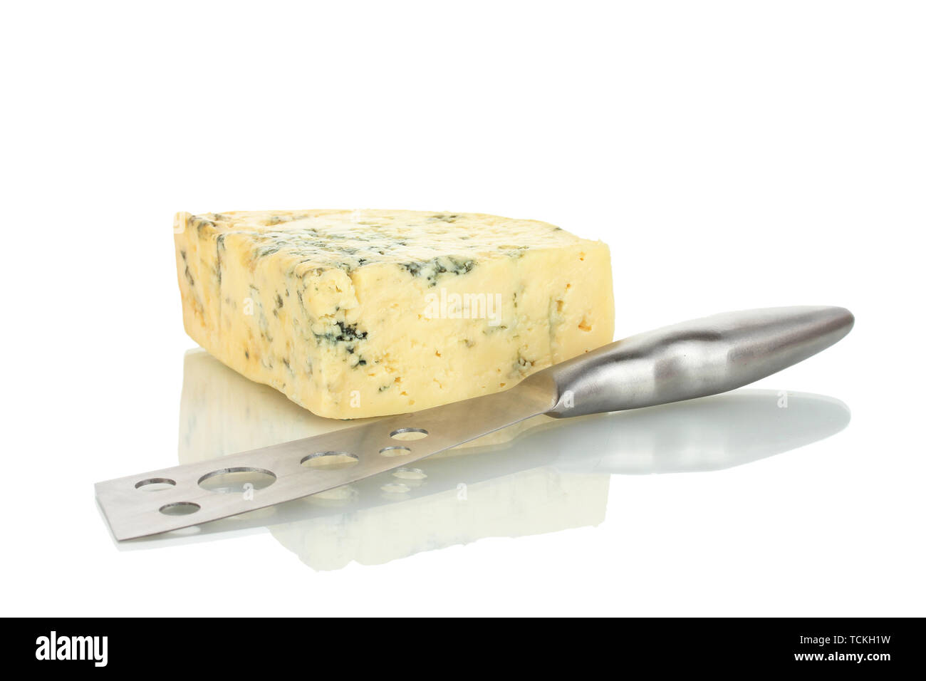 Cheese with mold and knife isolated on white background Stock Photo - Alamy