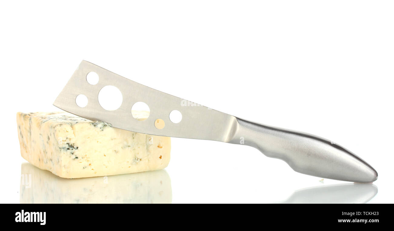 Cheese with mold and knife isolated on white background Stock Photo - Alamy