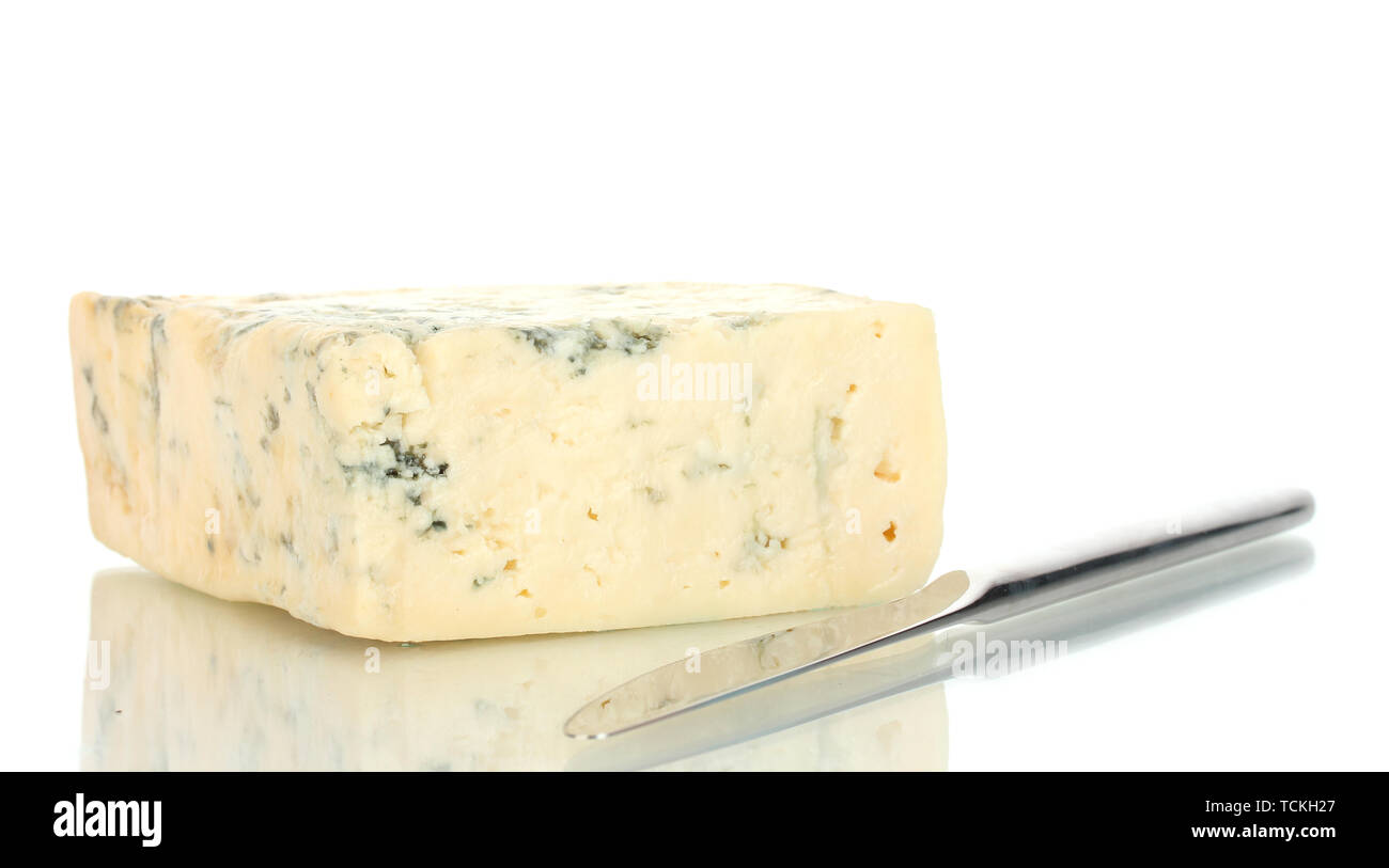 Cheese with mold and knife isolated on white background Stock Photo - Alamy