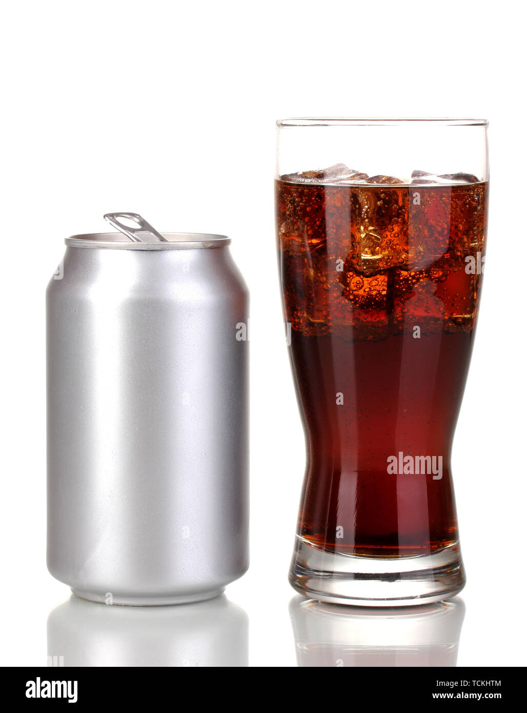 Open aluminum can and glass of cola isolated on white Stock Photo - Alamy