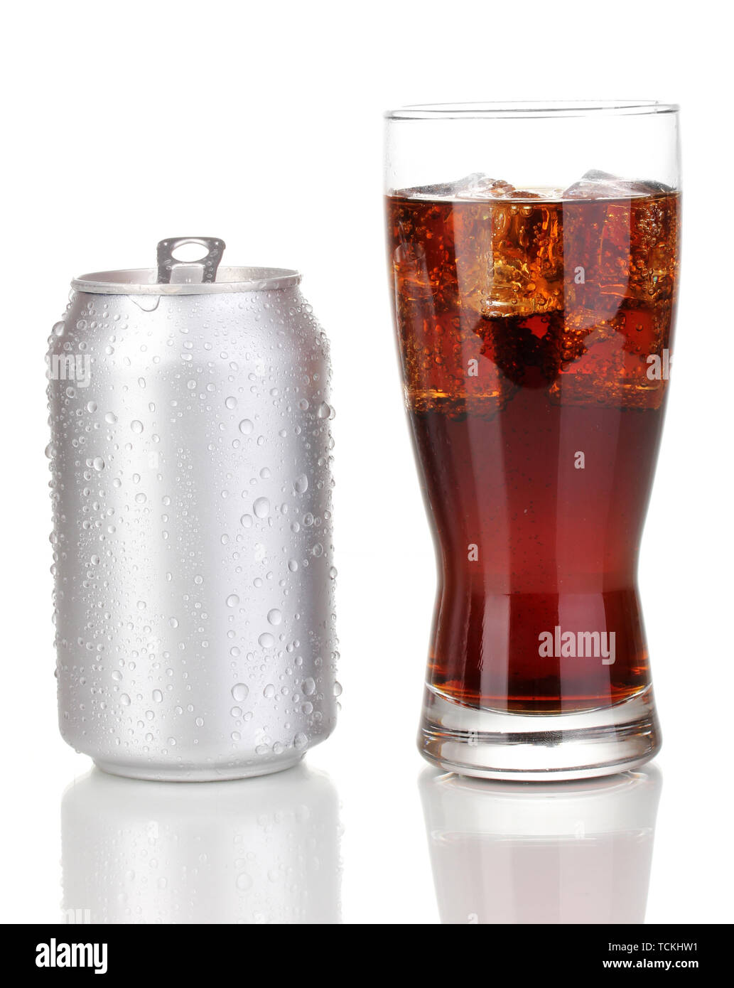 Open aluminum can and glass of cola isolated on white Stock Photo - Alamy