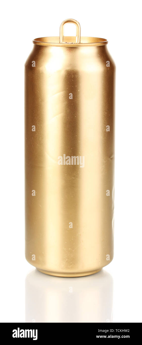 Open golden can isolated on white Stock Photo - Alamy