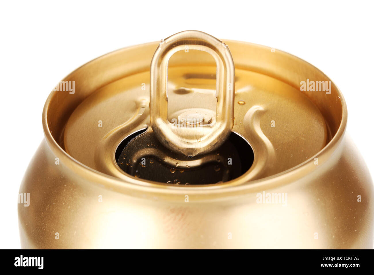 Open golden can isolated on white Stock Photo - Alamy